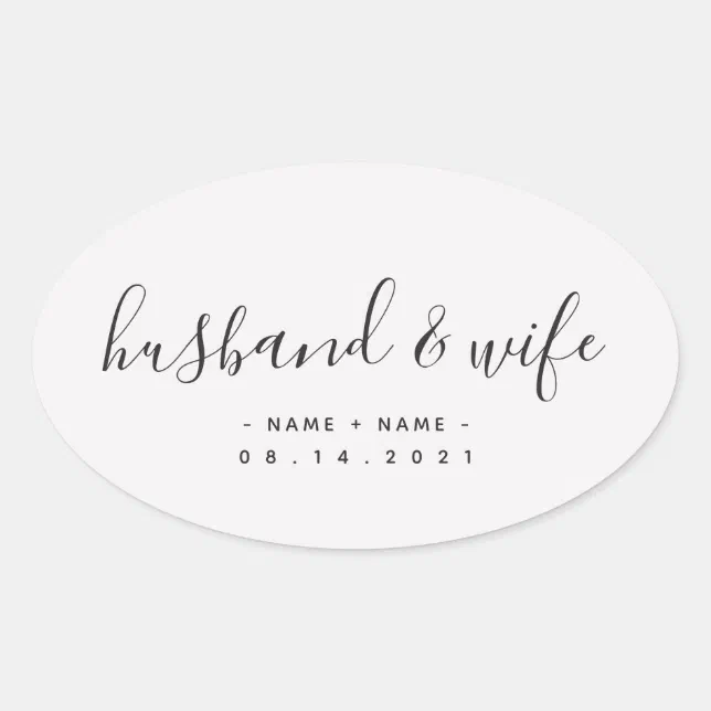 Modern Calligraphy Husband and Wife Wedding Oval Sticker | Zazzle