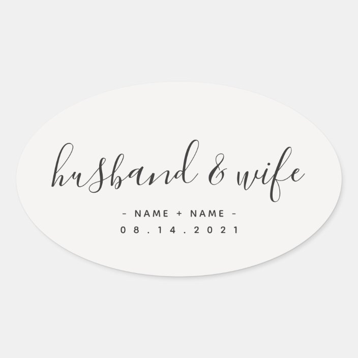 Modern Calligraphy Husband and Wife Wedding Oval Sticker | Zazzle.com