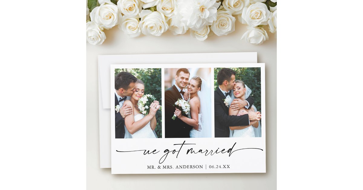 Modern Calligraphy Ink Pen Script 3 Photos Wedding Announcement | Zazzle
