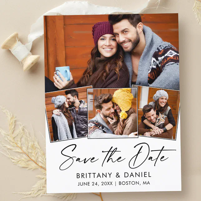 Modern Calligraphy Ink Save The Date 4 Photo Postcard | Zazzle