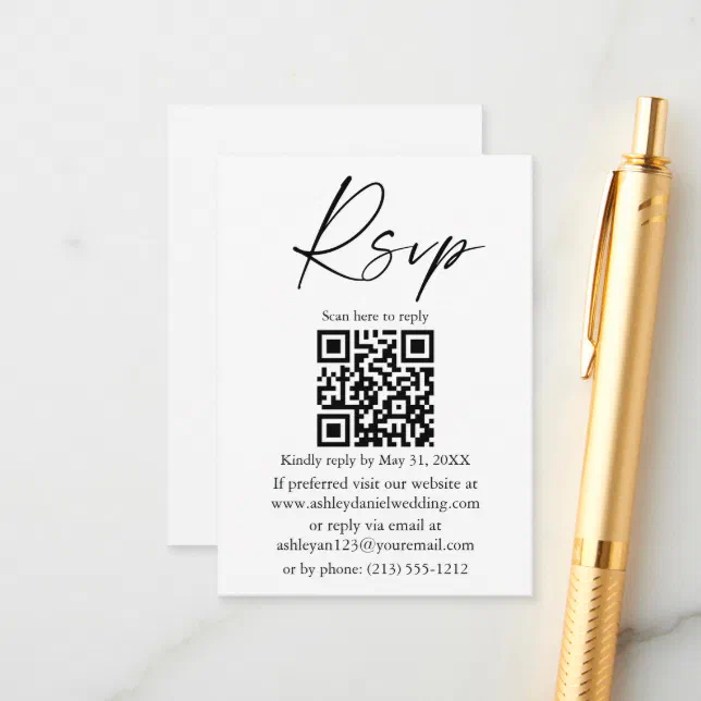 Modern Calligraphy Ink Script Wedding QR RSVP Enclosure Card | Zazzle