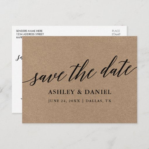 Modern Calligraphy Kraft Save The Date Postcard | Zazzle