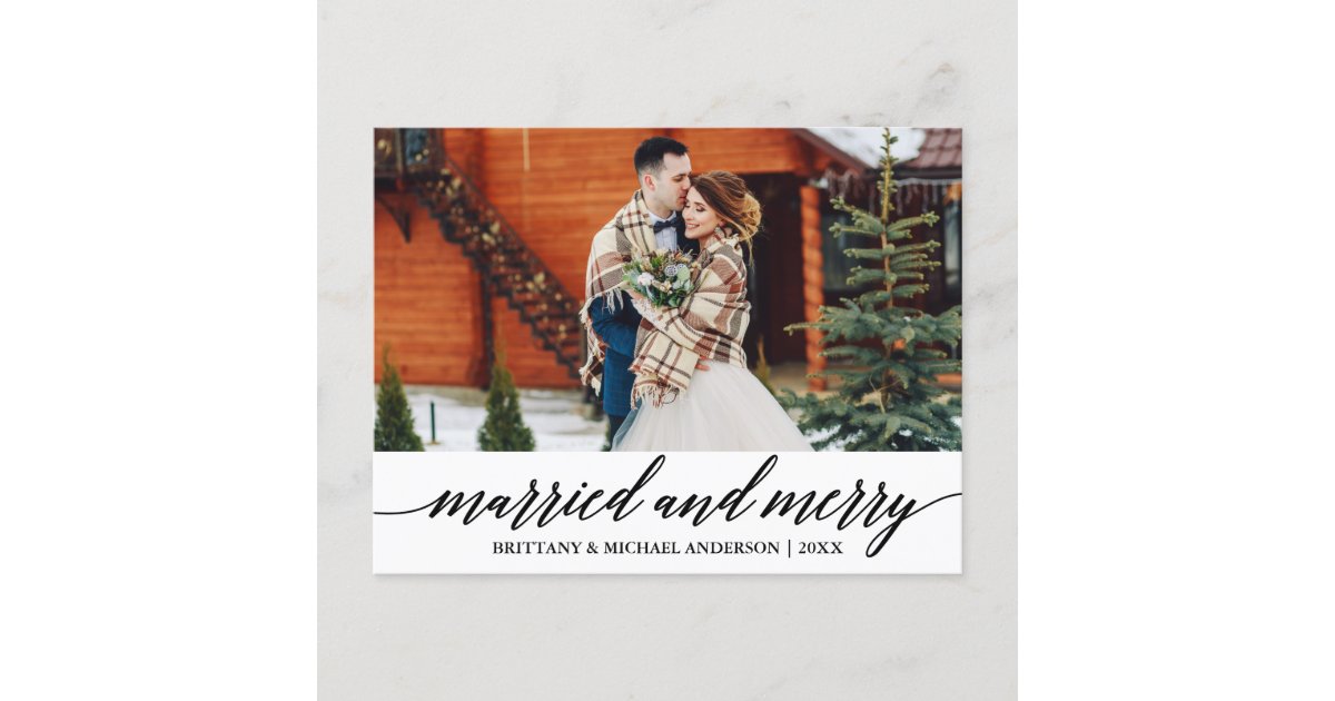 Modern Calligraphy Married and Merry Wedding Photo Postcard | Zazzle.com