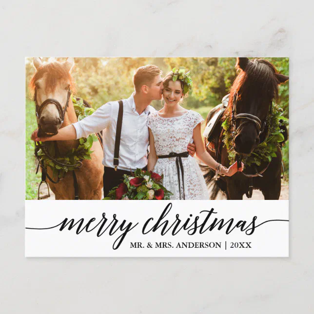 Modern Calligraphy Merry Christmas Wedding Photo Postcard | Zazzle