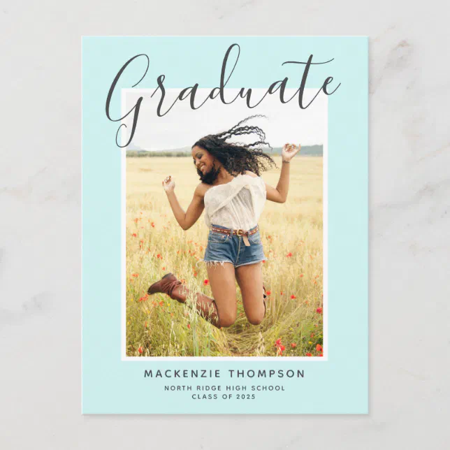 Modern Calligraphy Mint Green Photo Graduation Postcard | Zazzle