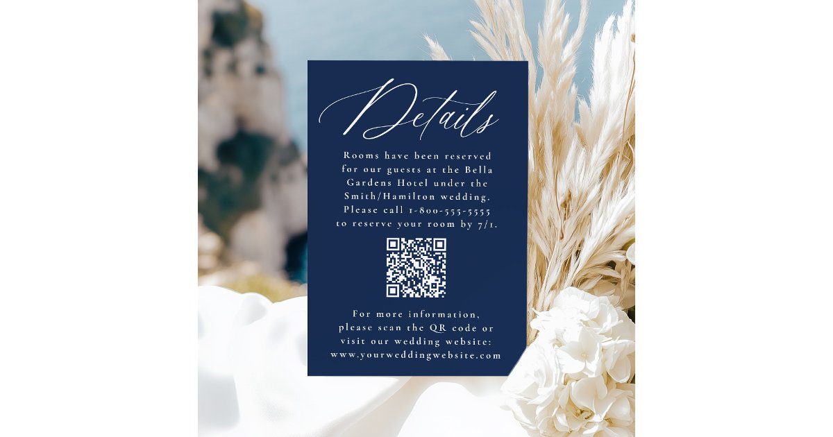 Modern Calligraphy Navy QR Code Wedding Details Enclosure Card | Zazzle