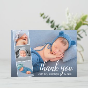 Modern Calligraphy New Baby 4 Photo Collage Thank You Card | Zazzle