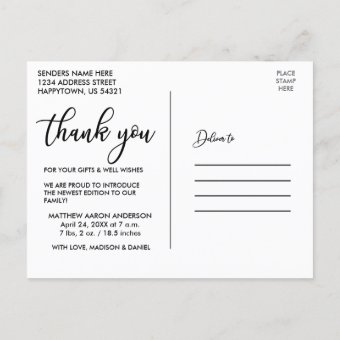 Modern Calligraphy New Baby Love and Thanks Postcard | Zazzle