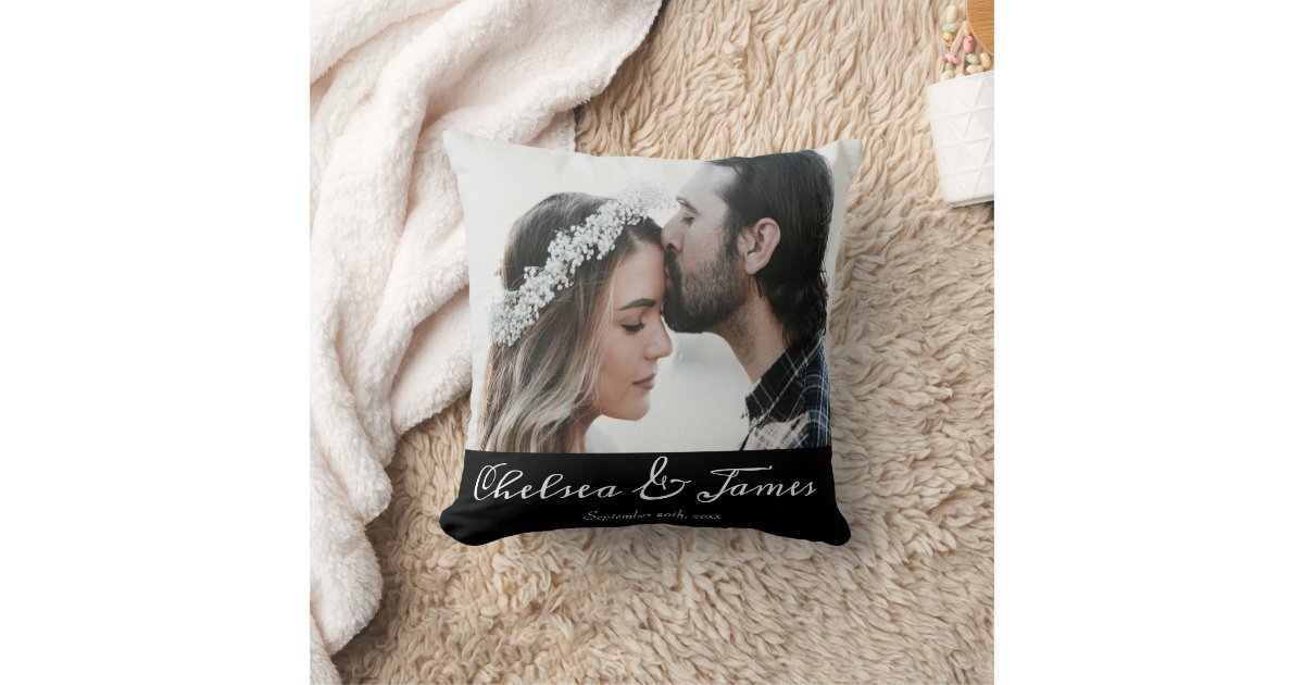 Modern Calligraphy Overlap Photo Couple Wedding Throw Pillow | Zazzle