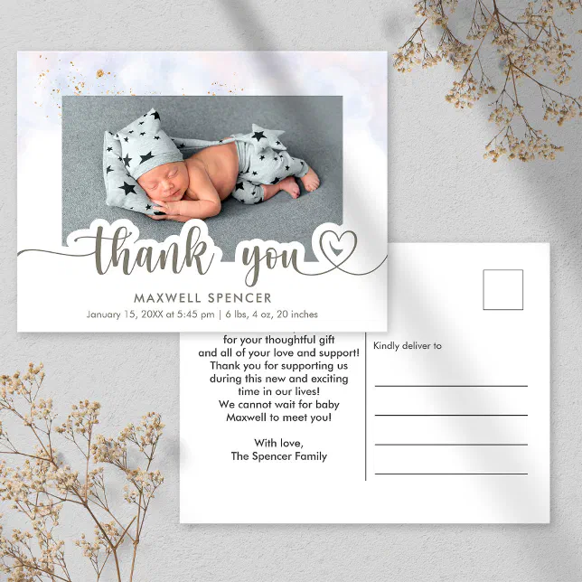 Modern Calligraphy Photo Baby Boy Thank You Postcard | Zazzle