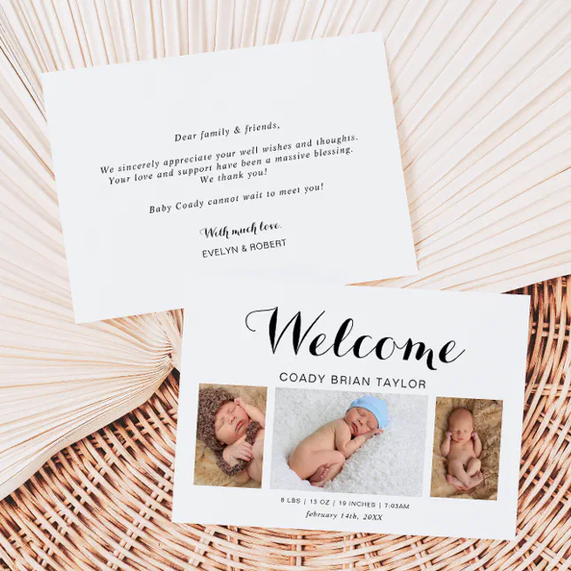 Modern Calligraphy Photo Birth Announcement Card | Zazzle