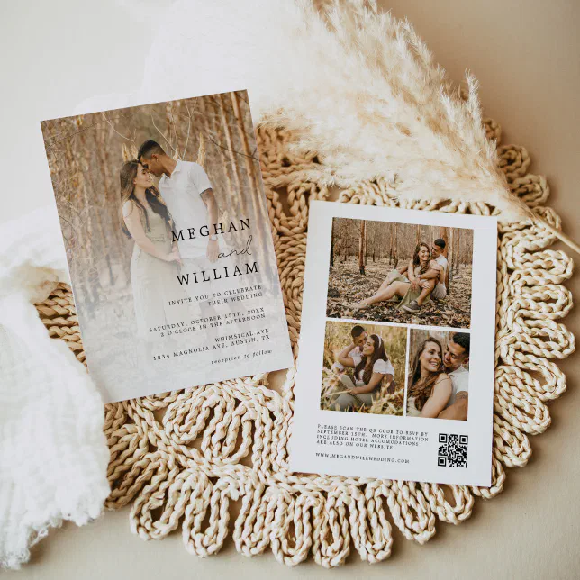 Modern Calligraphy Photo Collage QR Code Wedding Invitation | Zazzle
