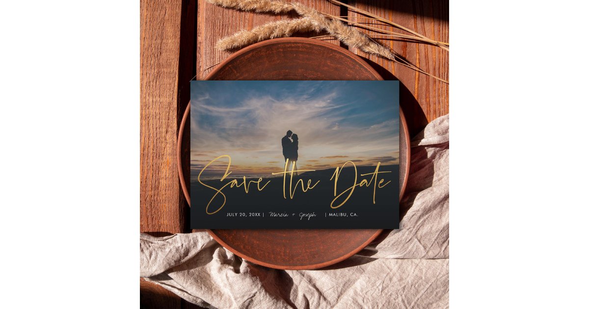 Modern Calligraphy Photo Gold Save The Date | Zazzle