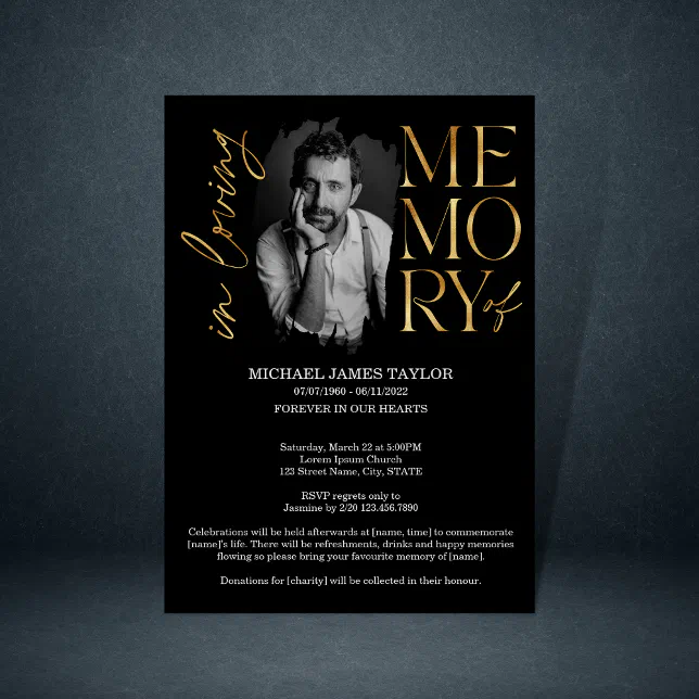 Modern Calligraphy Photo In Loving Memory Funeral Invitation | Zazzle