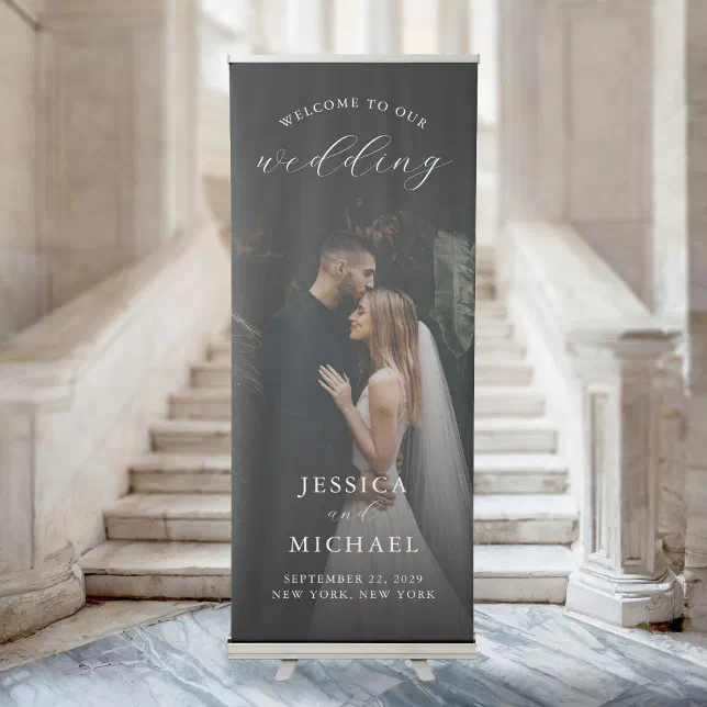 Modern Calligraphy Photo Wedding Welcome Retractable Banner | Zazzle
