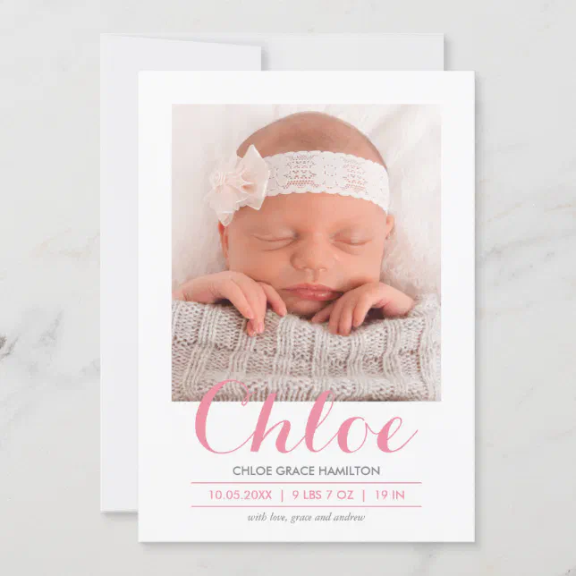 Modern Calligraphy Pink | Birth Announcement | Zazzle
