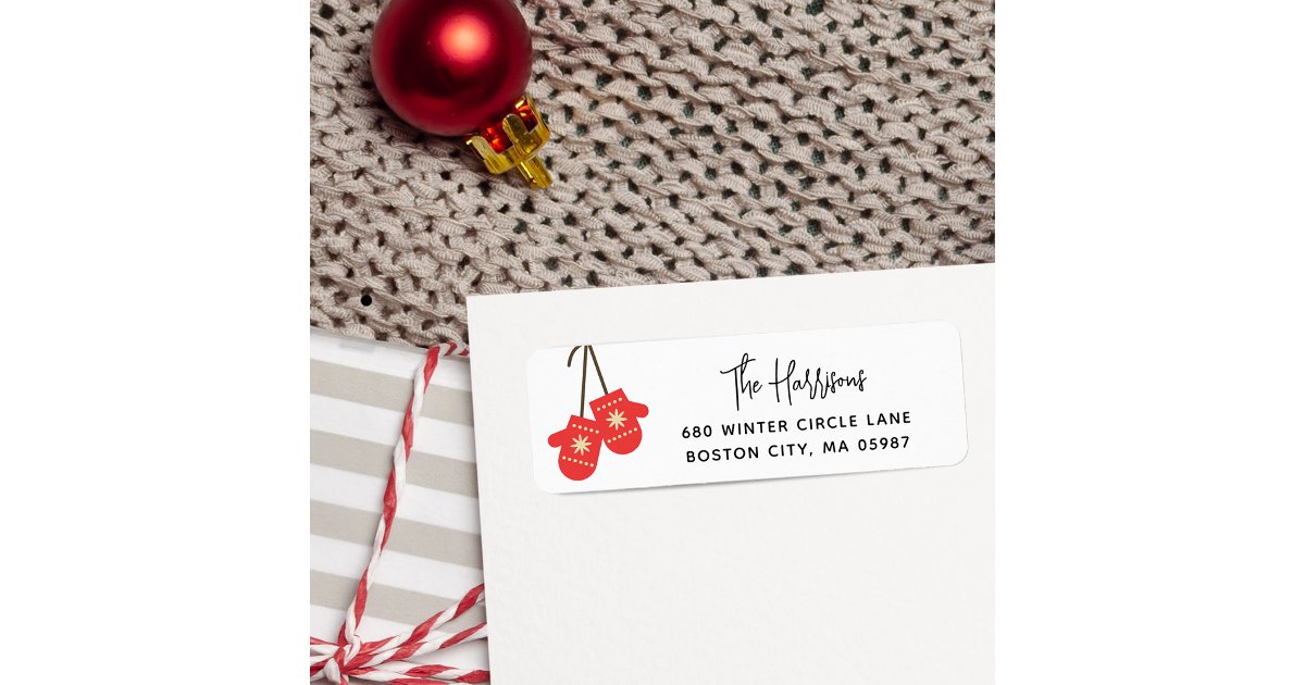 Modern Calligraphy Red Mittens Return Address Label | Zazzle