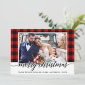 Modern Calligraphy Red Plaid Wedding Photo Holiday Card | Zazzle