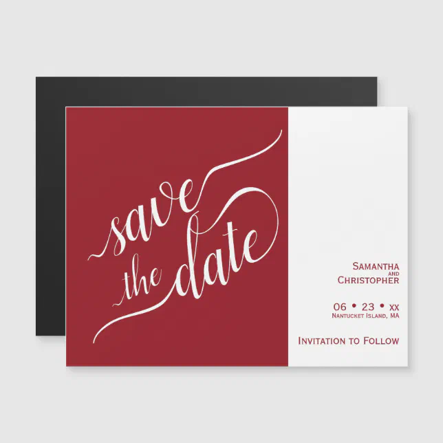 Modern Calligraphy Red Wedding Save the Date Magnetic Invitation | Zazzle