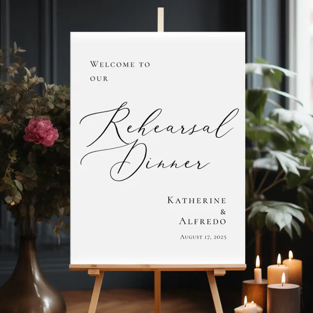 Modern calligraphy Rehearsal Dinner welcome Poster | Zazzle
