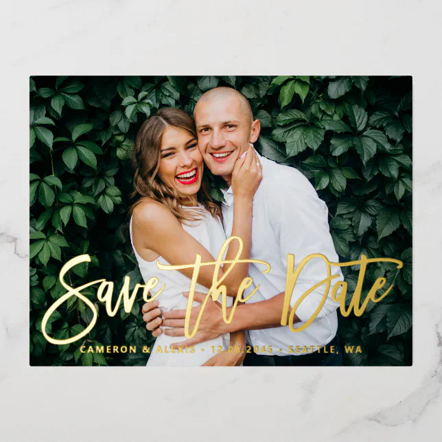 Modern Calligraphy Save the Date Horizontal Photo Foil Invitation ...