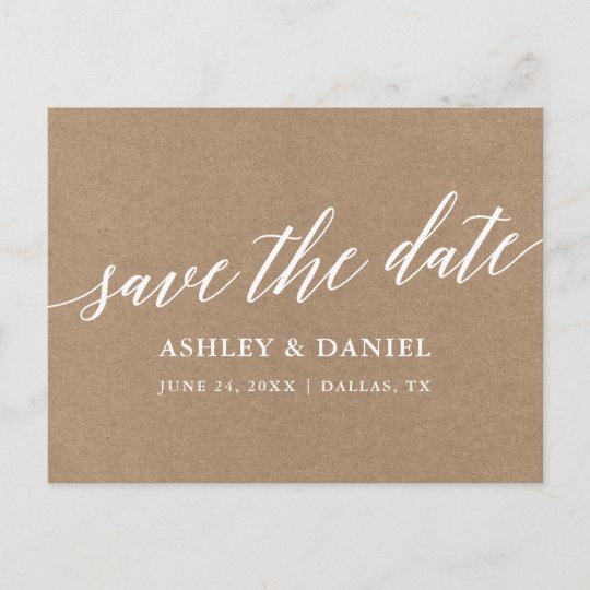 Modern Calligraphy Save The Date Kraft Postcard | Zazzle.com