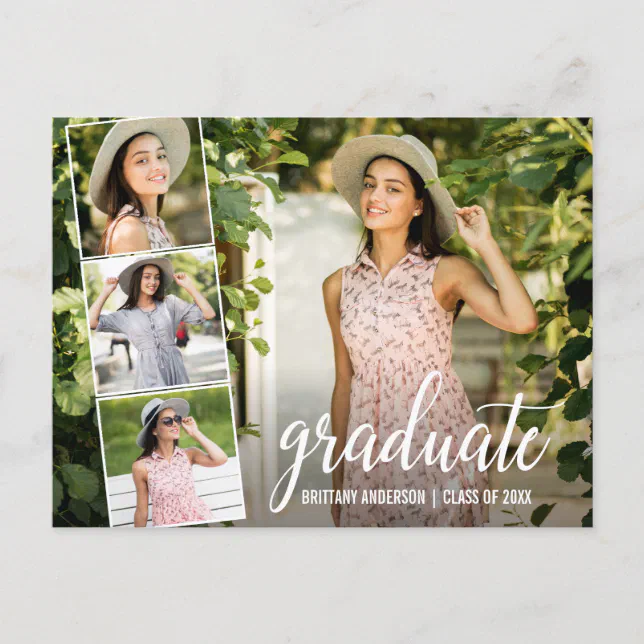Modern Calligraphy Script 4 Photo Graduation Party Postcard | Zazzle