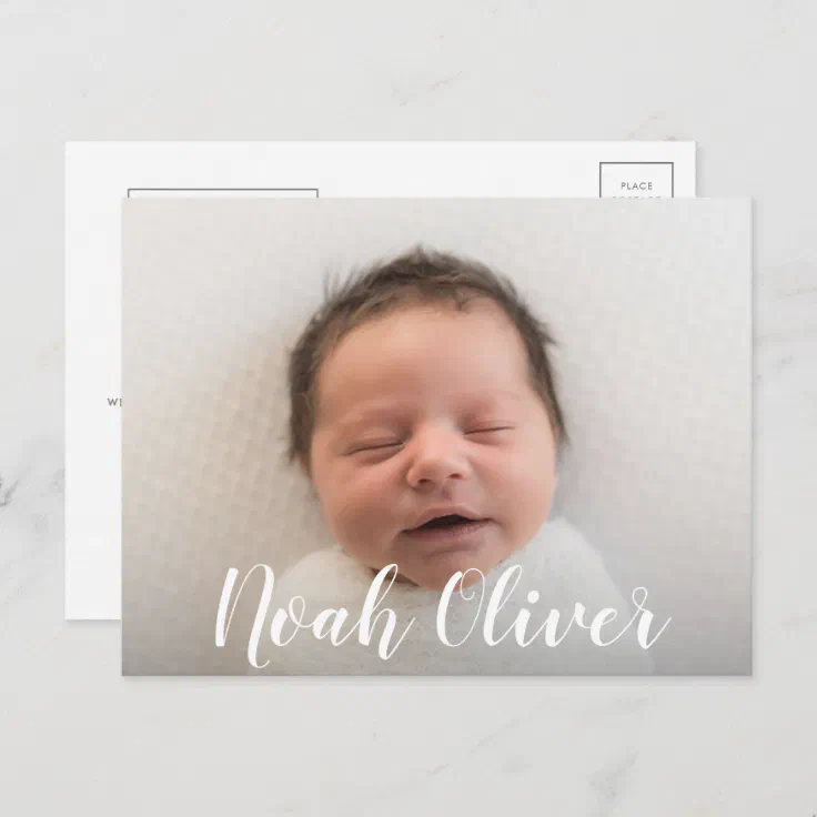 Modern Calligraphy Script Baby Name Birth Announcement Postcard | Zazzle