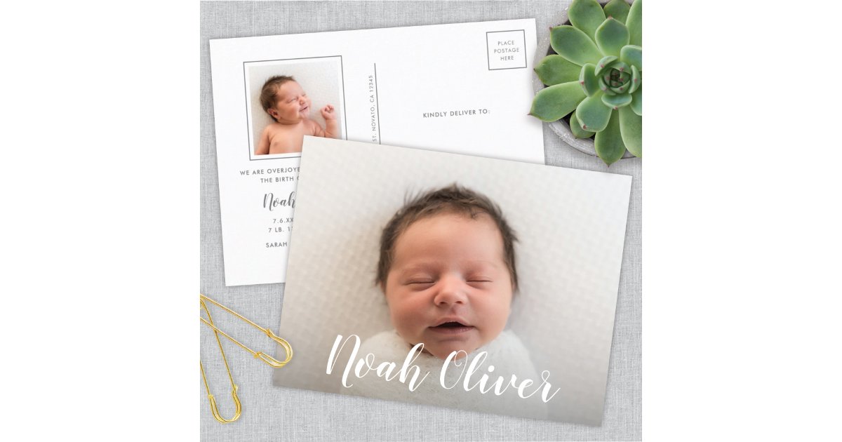 Modern Calligraphy Script Baby Name Birth Announcement Postcard | Zazzle