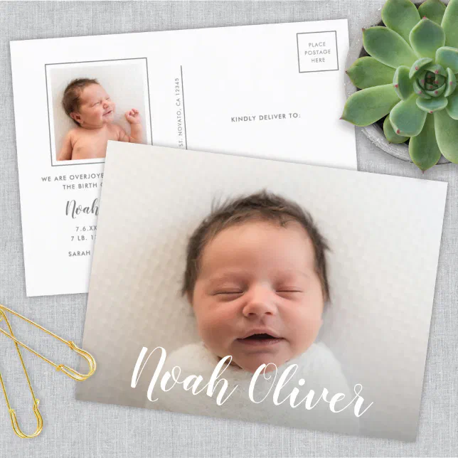 Modern Calligraphy Script Baby Name Birth Announcement Postcard | Zazzle