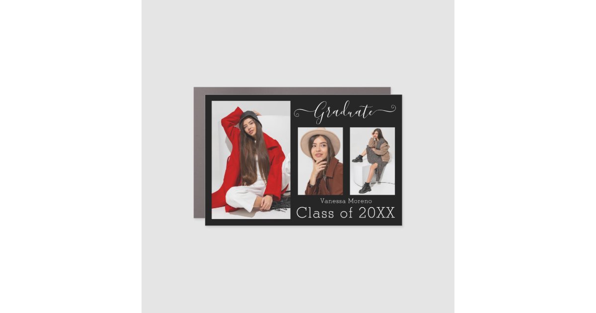 Modern Calligraphy Script BxW 3 Photo Grad Magnet | Zazzle
