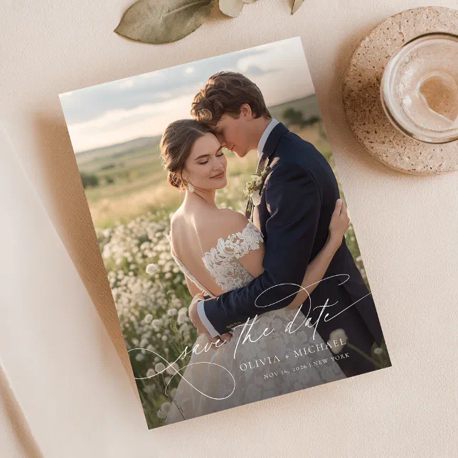 Modern Calligraphy Script Photo Wedding Save The Date | Zazzle
