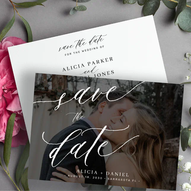 Modern calligraphy script photo wedding save the date | Zazzle