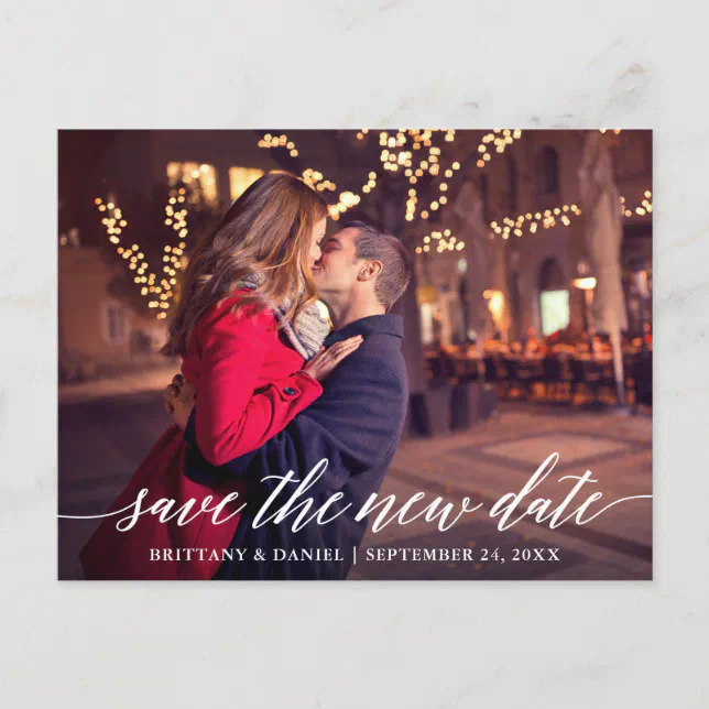 Modern Calligraphy Script Save The New Date Photo Postcard | Zazzle