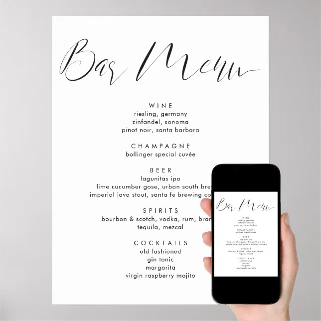 Modern Calligraphy Script Wedding Drinks Bar Menu Poster | Zazzle