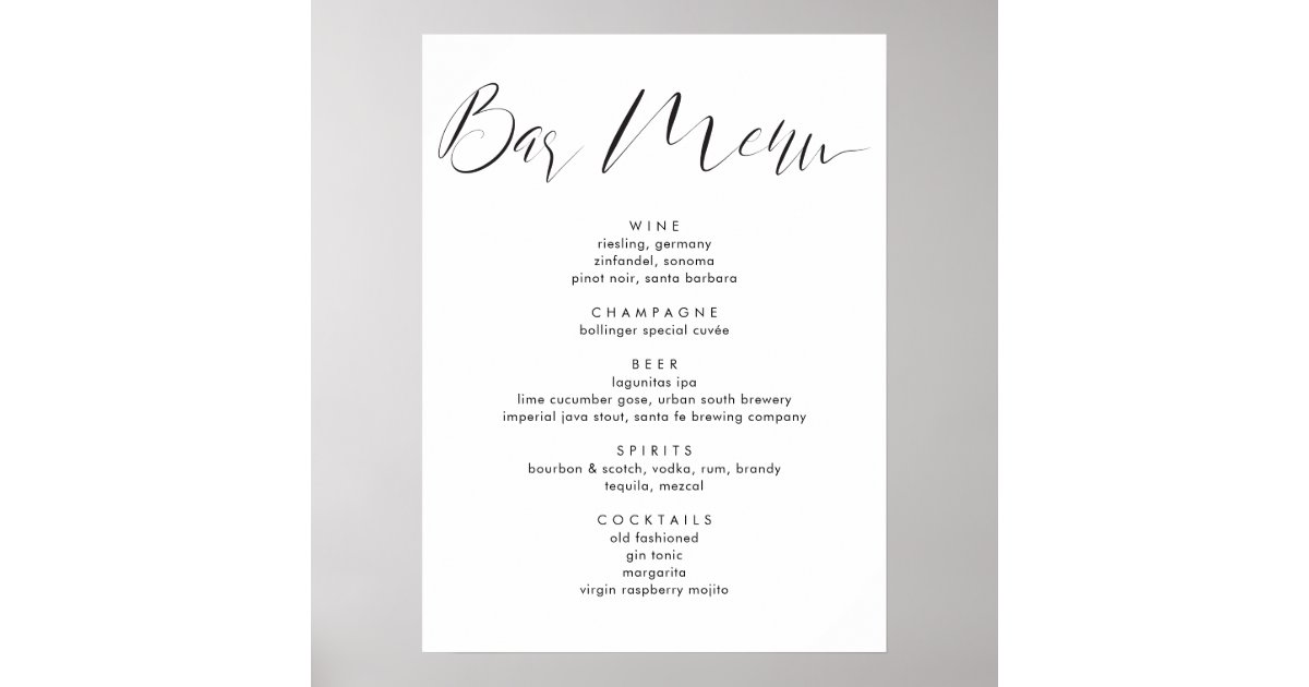 Modern Calligraphy Script Wedding Drinks Bar Menu Poster | Zazzle