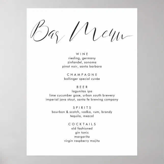 Modern Calligraphy Script Wedding Drinks Bar Menu Poster | Zazzle