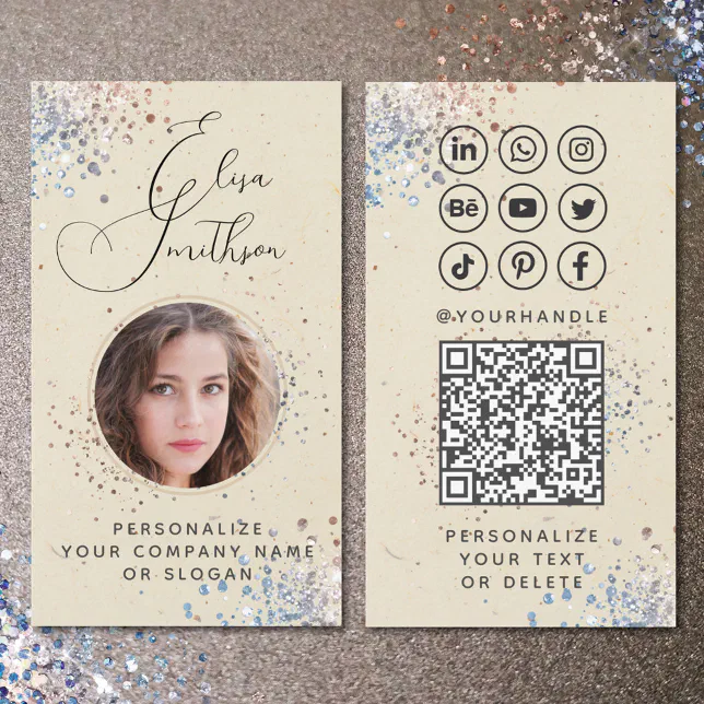 Modern Calligraphy Social Media QR Code Add Photo Business Card | Zazzle