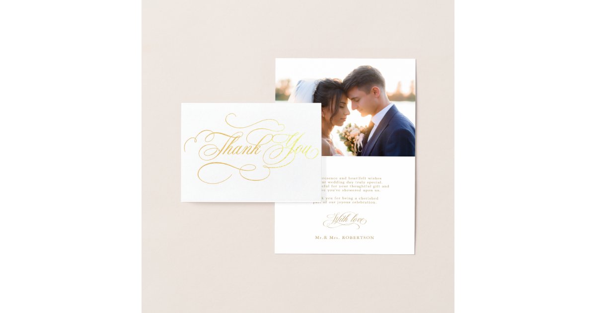 Modern calligraphy timeless gold wedding Thank you Foil Card | Zazzle