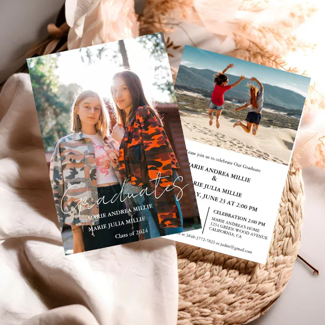 Modern Calligraphy Twin Graduate Photo Graduation Invitation | Zazzle