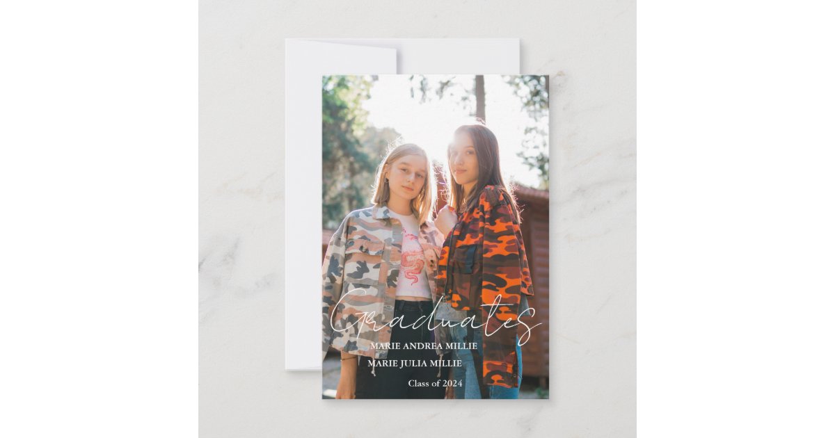 Modern Calligraphy Twin Graduate Photo Graduation Invitation | Zazzle