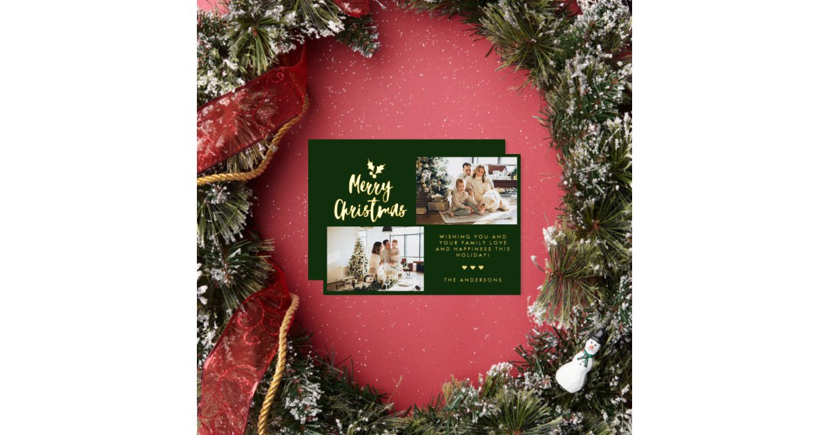 Modern Calligraphy Two Photo Collage Christmas Foil Holiday Card | Zazzle