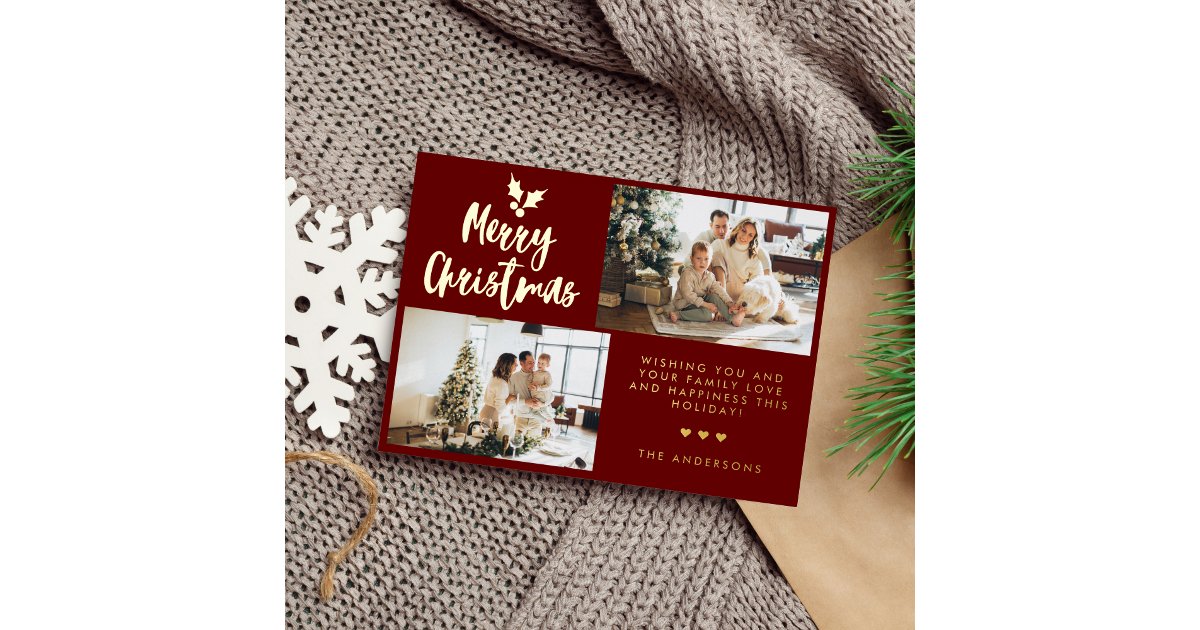 Modern Calligraphy Two Photo Collage Red Christmas Foil Holiday Card ...
