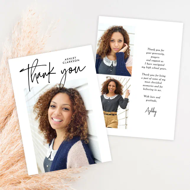 Modern Calligraphy Vertical Two Photo Graduation Thank You Card | Zazzle