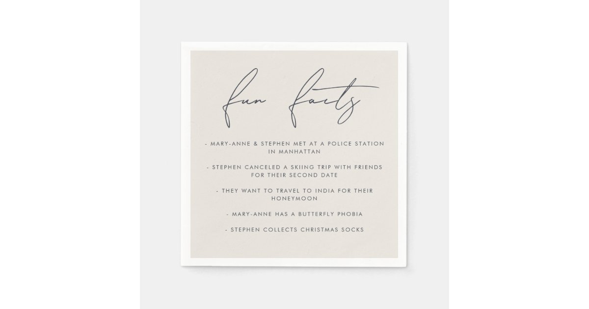 Modern Calligraphy Wedding Couple Fun Facts Napkins | Zazzle