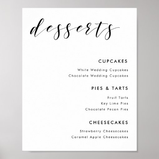 Modern Calligraphy Wedding Desserts Menu Sign | Zazzle