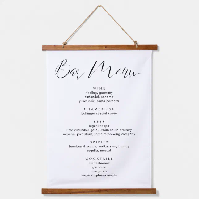 Modern Calligraphy Wedding Drinks Bar Menu Hanging Tapestry | Zazzle
