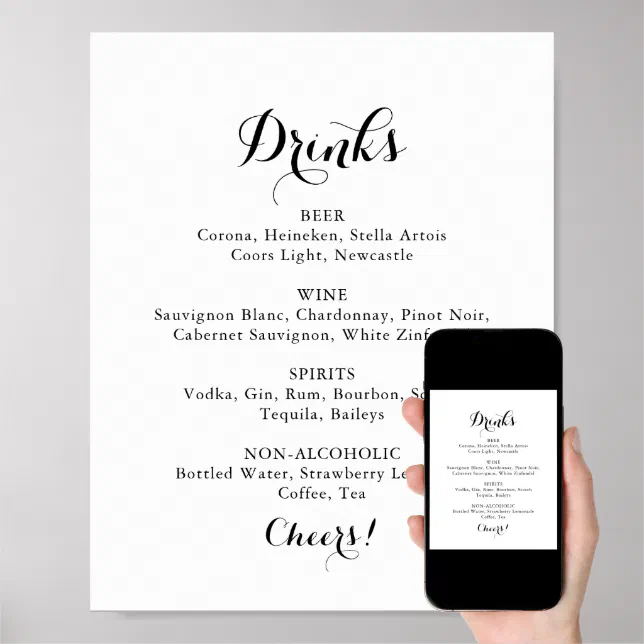 Modern Calligraphy Wedding Drinks Menu Sign | Zazzle