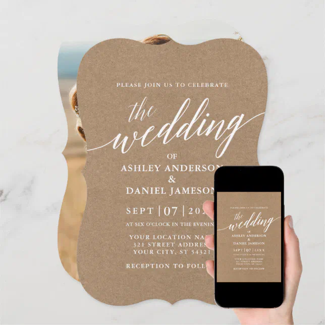 Modern Calligraphy Wedding Kraft Photo Back Invitation | Zazzle