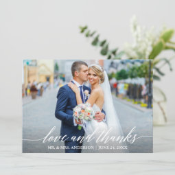Modern Calligraphy Wedding Love Thanks 2 Photo Thank You Card | Zazzle